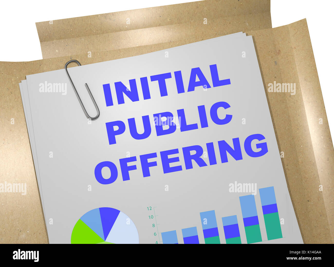 3D illustration of "INITIAL PUBLIC OFFERING" title on business document ...