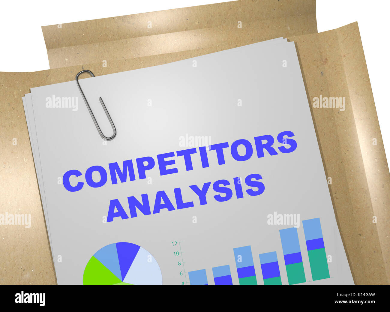 3D illustration of "COMPETITORS ANALYSIS" title on business document ...