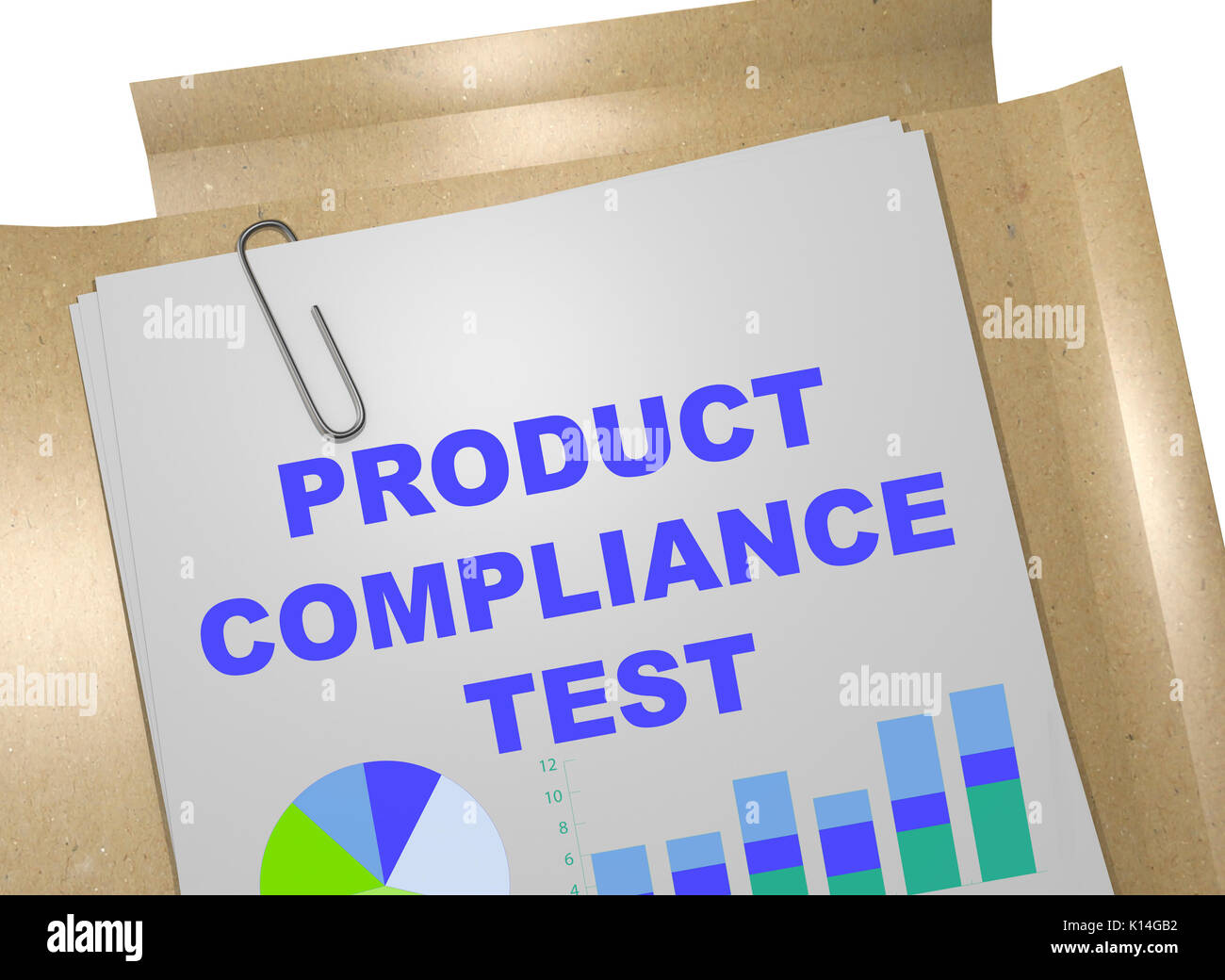 3D illustration of "PRODUCT COMPLIANCE TEST" title on business document ...