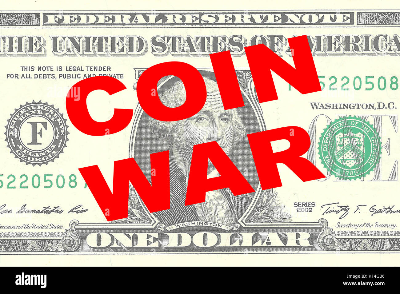 Render illustration of "COIN WAR" title on One Dollar bill as a ...