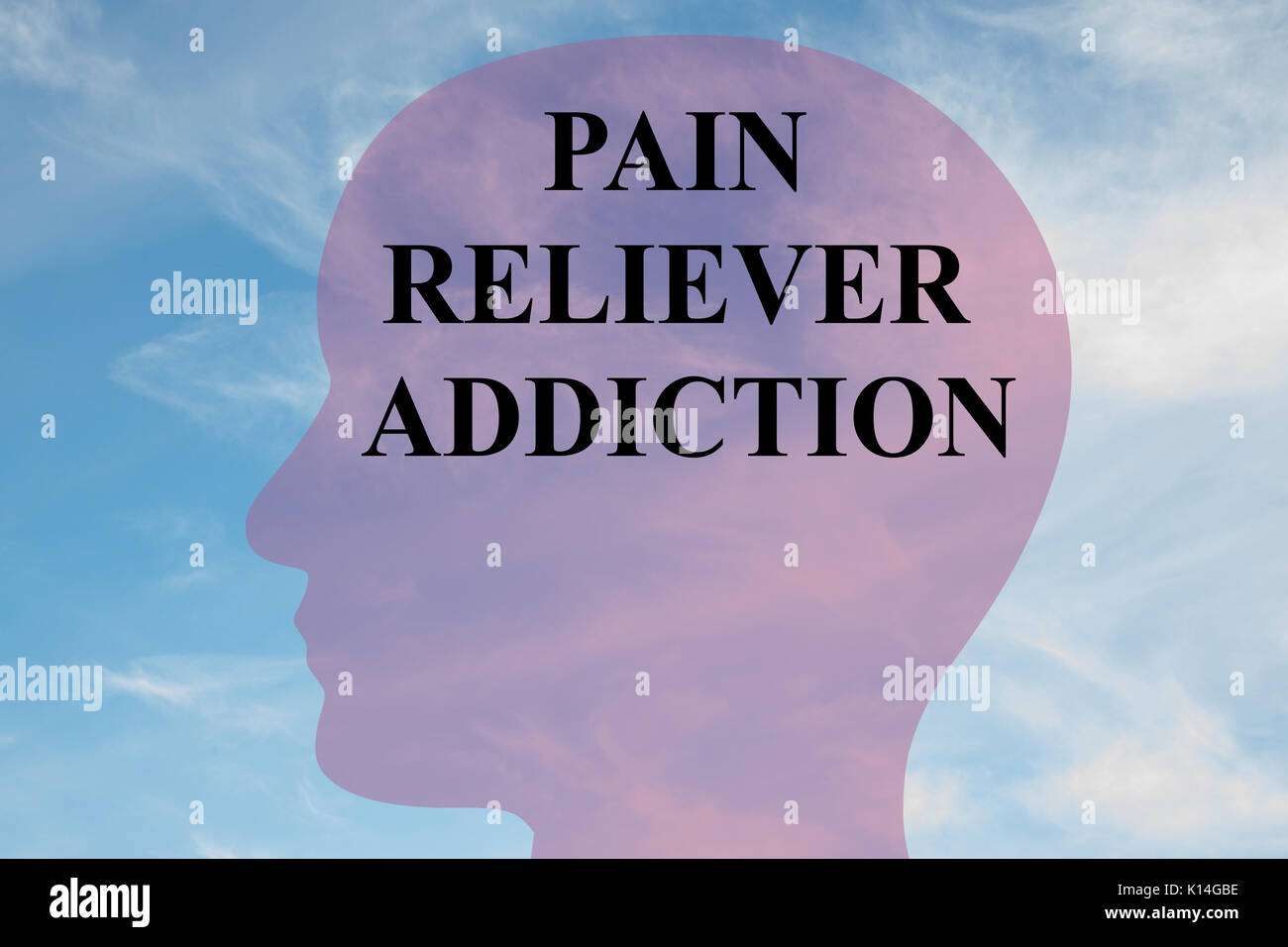 Render illustration of "PAIN RELIEVER ADDICTION" title on head ...