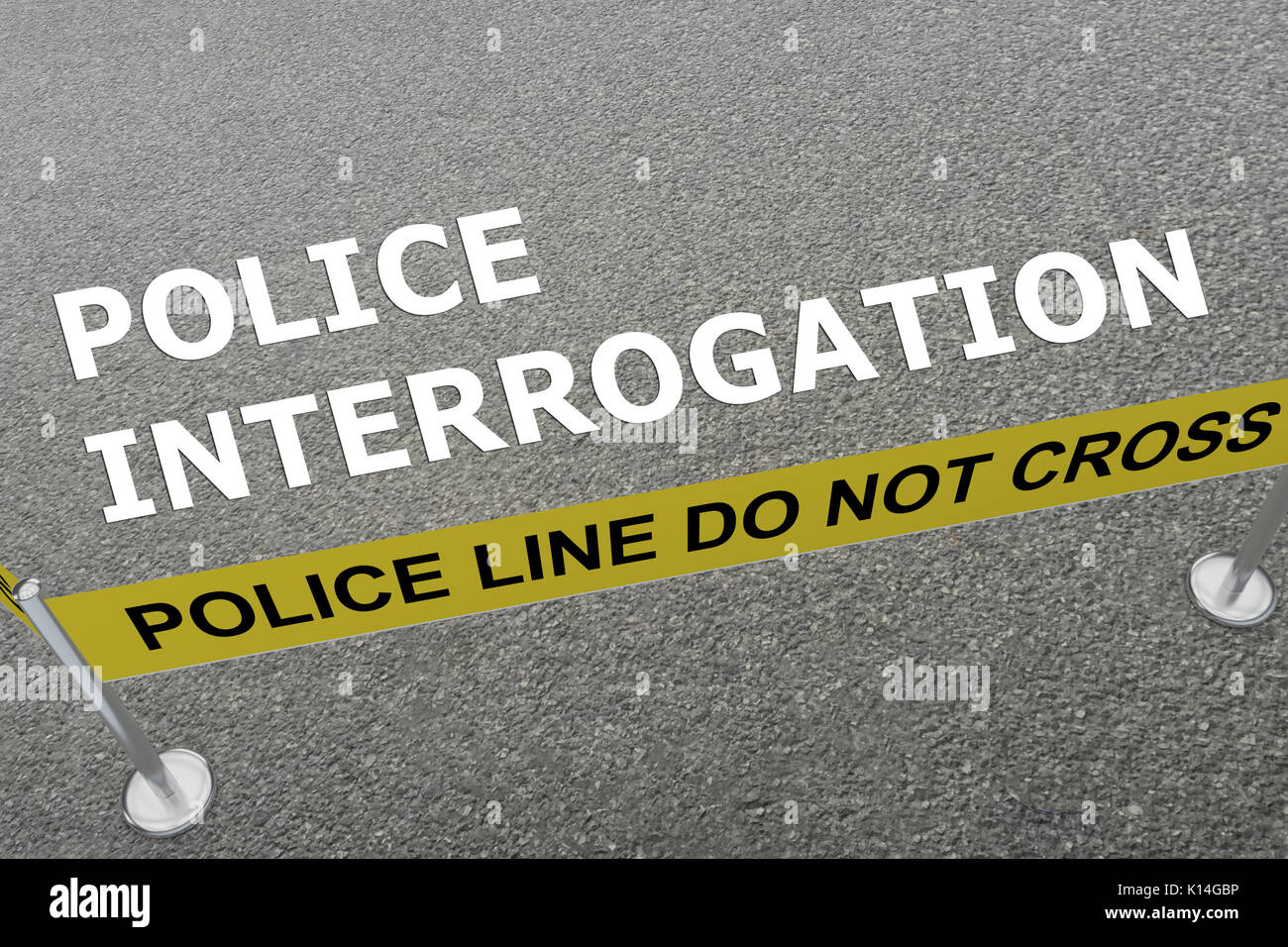 3D illustration of "POLICE INTERROGATION" title on the ground in a ...
