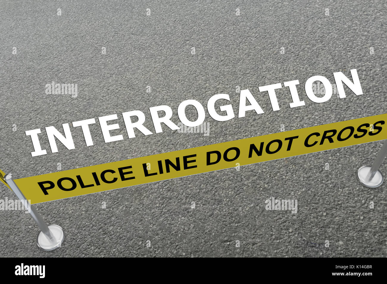 3D illustration of "INTERROGATION" title on the ground in a police ...