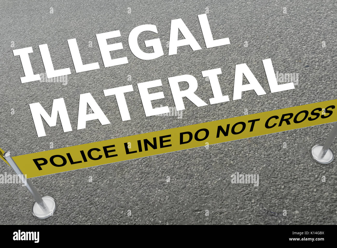 3D illustration of "ILLEGAL MATERIAL" title on the ground in a police ...