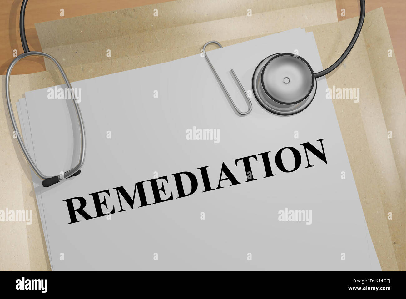 3D illustration of "REMEDIATION" title on a medical document Stock ...