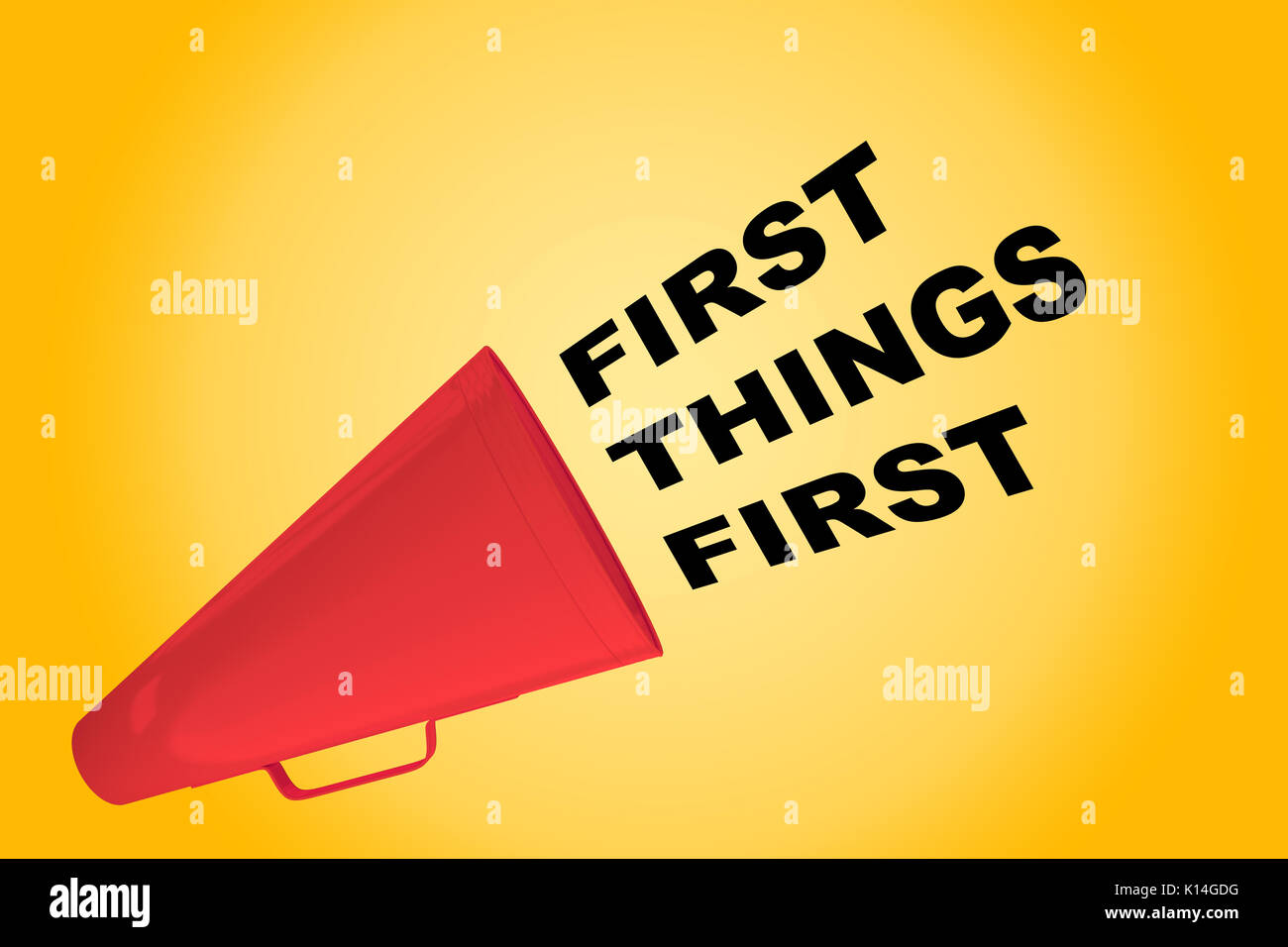 3D illustration of "FIRST THINGS FIRST" title flowing from a ...