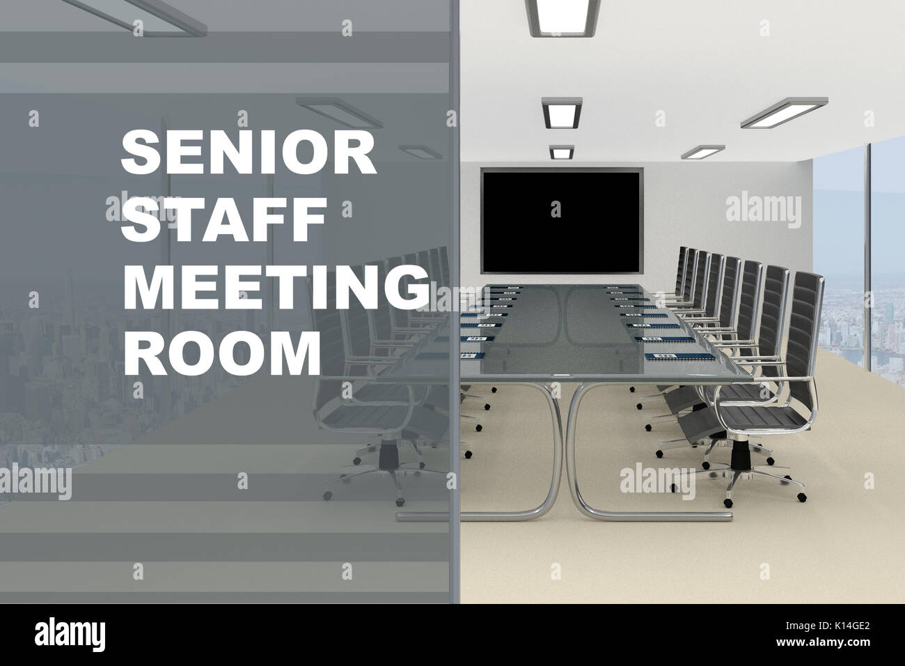 3D illustration of "SENIOR STAFF MEETING ROOM" title on a glass ...