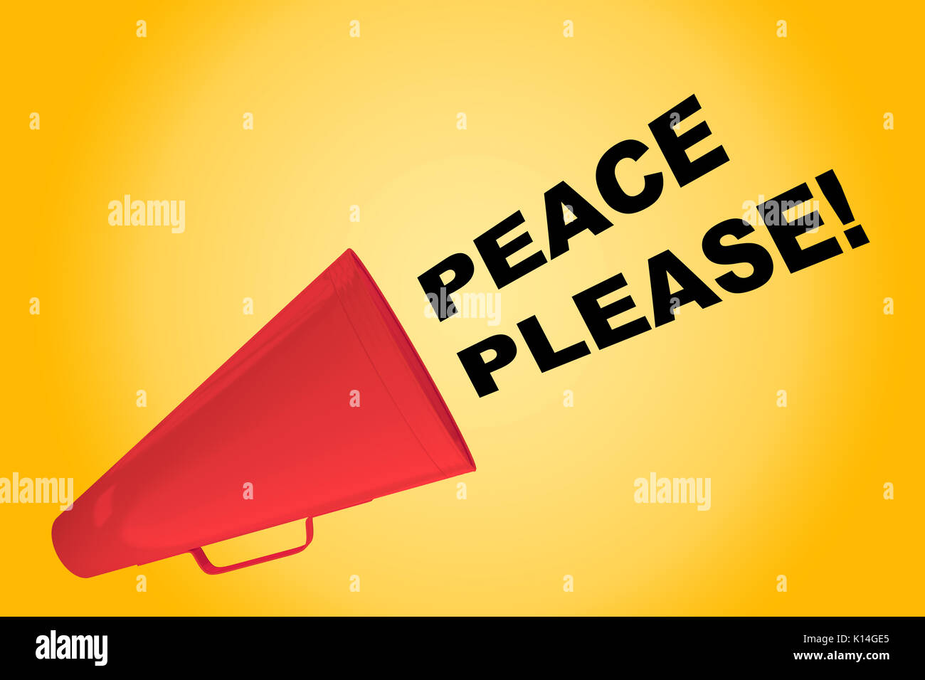 3D illustration of "PEACE PLEASE!" title flowing from a loudspeaker ...