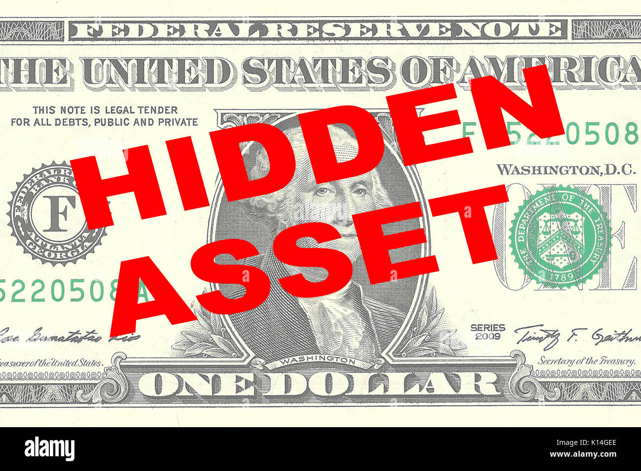 Render illustration of "HIDDEN ASSET" title on One Dollar bill as a ...