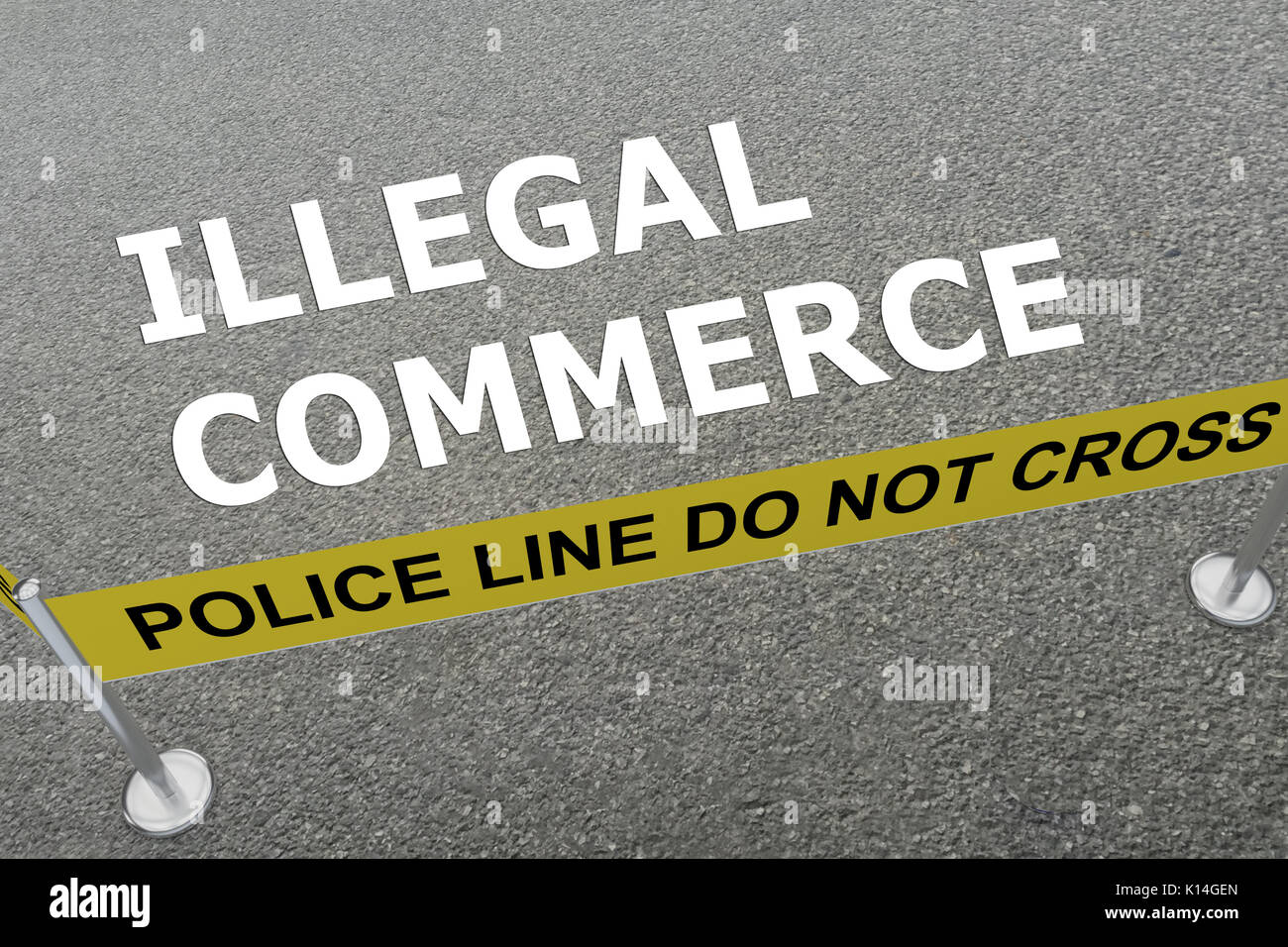 3D illustration of "ILLEGAL COMMERCE" title on the ground in a police ...