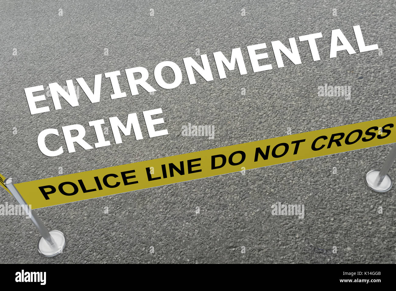 3D illustration of "ENVIRONMENTAL CRIME" title on the ground in a ...