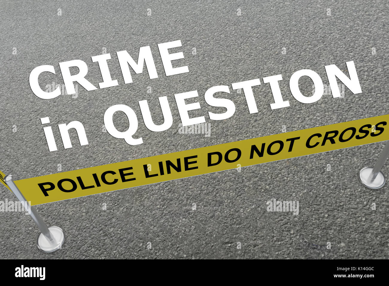3D illustration of "CRIME in QUESTION" title on the ground in a police ...