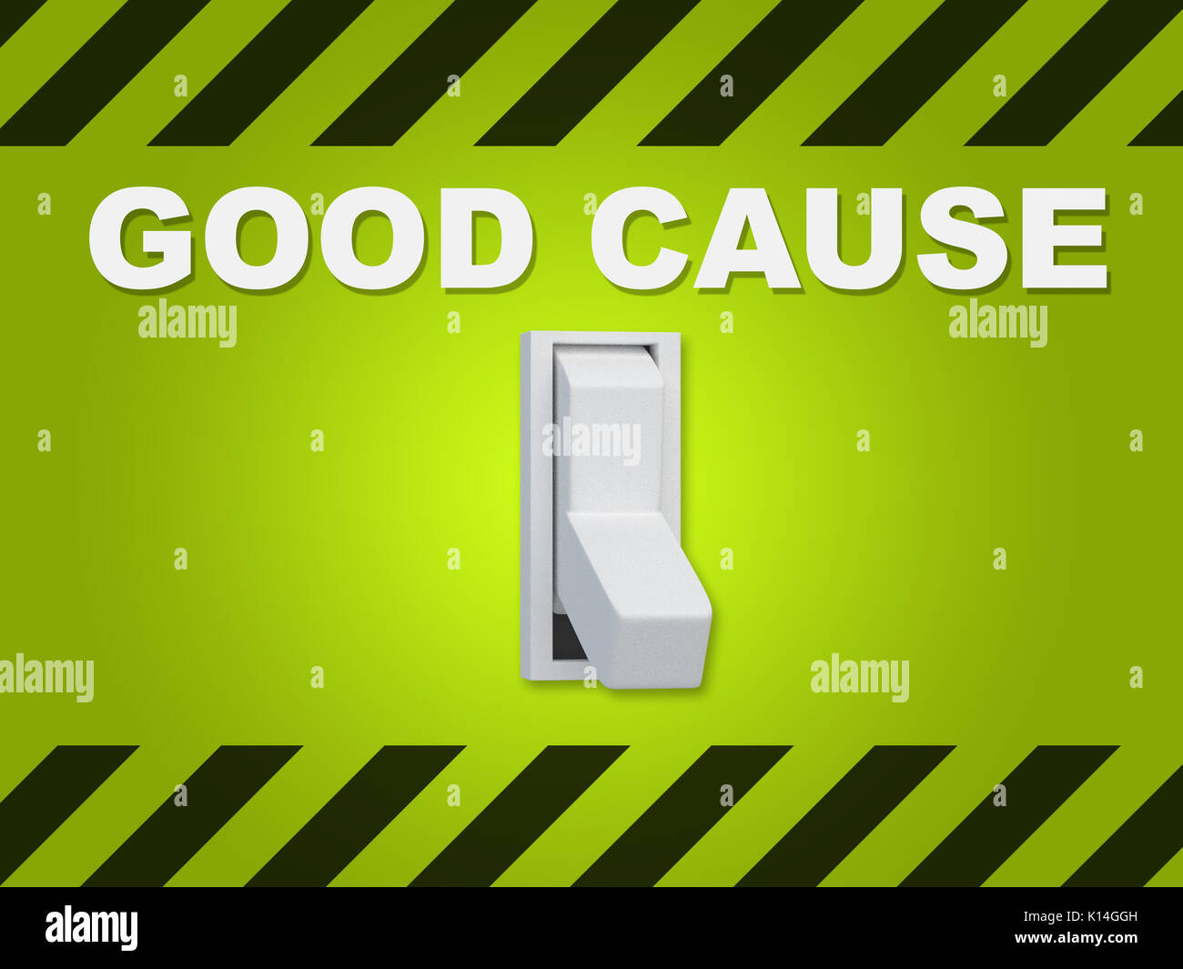 3D illustration of "GOOD CAUSE" title above an electric switch on green ...