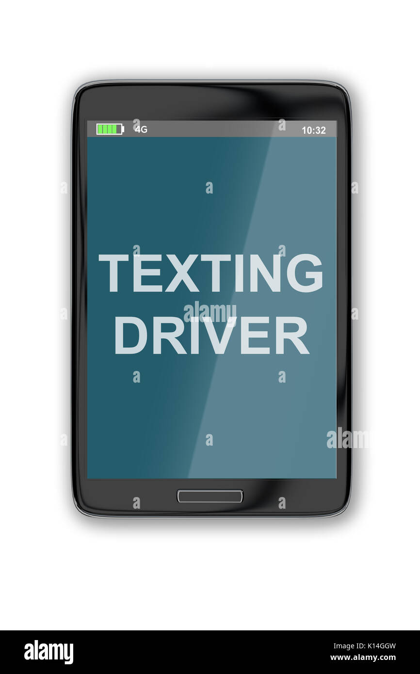3D illustration of "TEXTING DRIVER" title on cellular screen, isolated ...