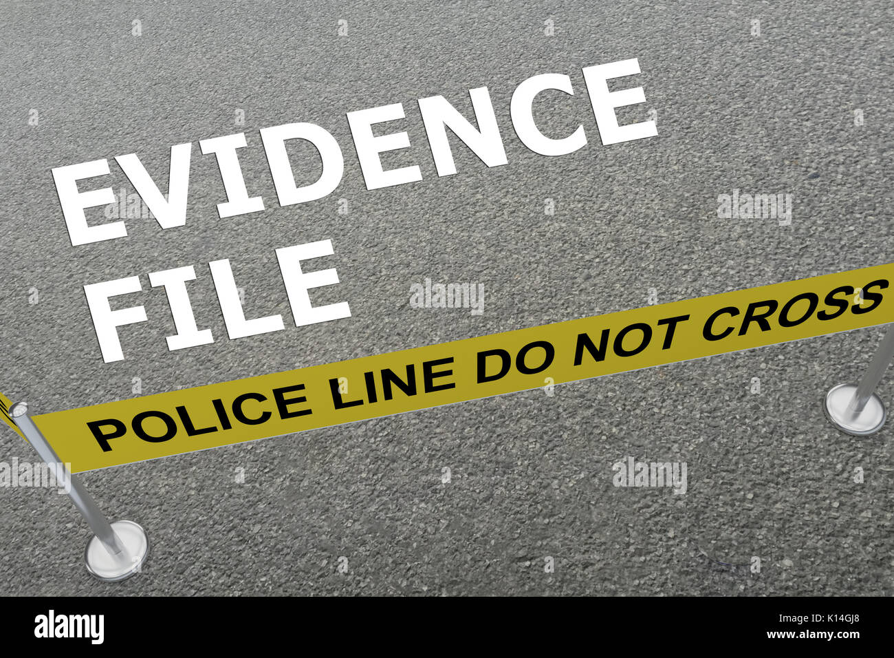 3D illustration of "EVIDENCE FILE" title on the ground in a police ...