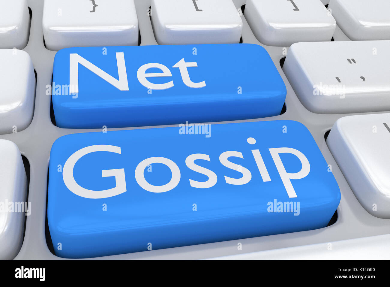 3D illustration of computer keyboard with the script "Net Gossip" on two adjacent pale blue ...