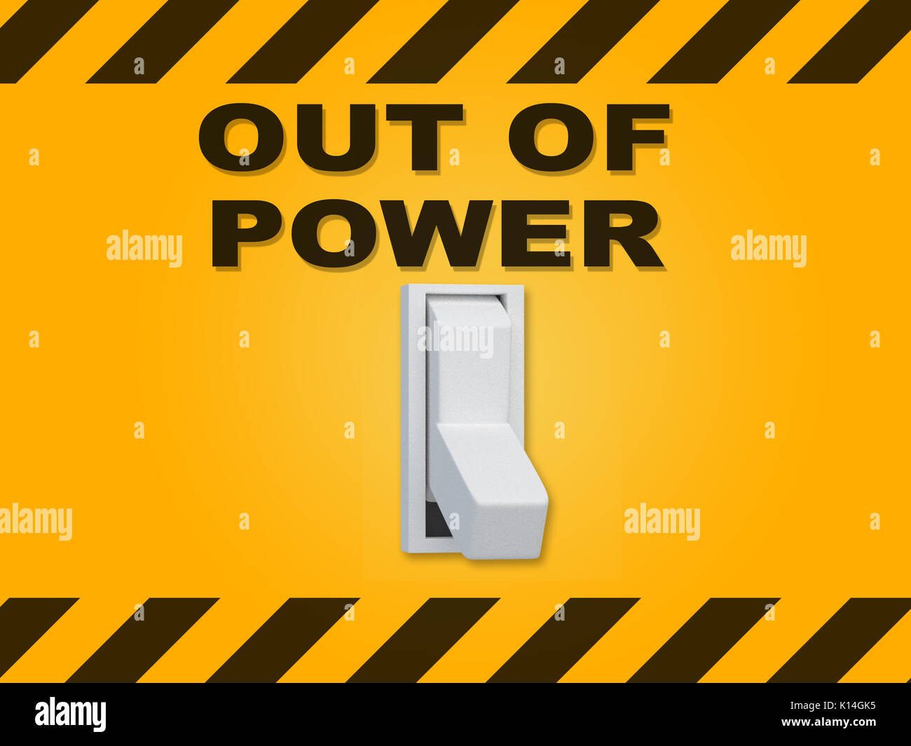 3D illustration of "OUT OF POWER" title above an electric switch on ...