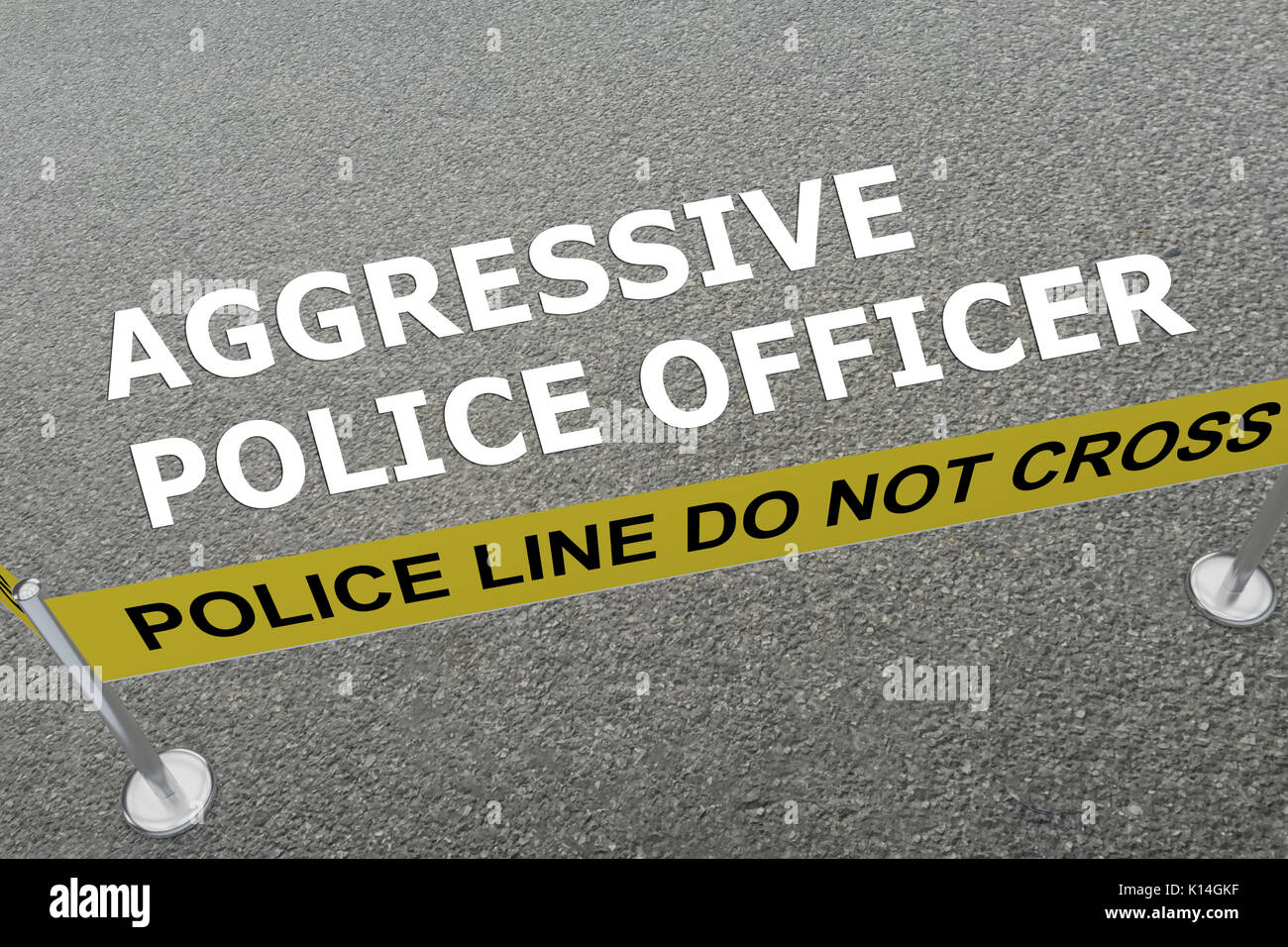 3D illustration of "AGGRESSIVE POLICE OFFICER" title on the ground in a ...