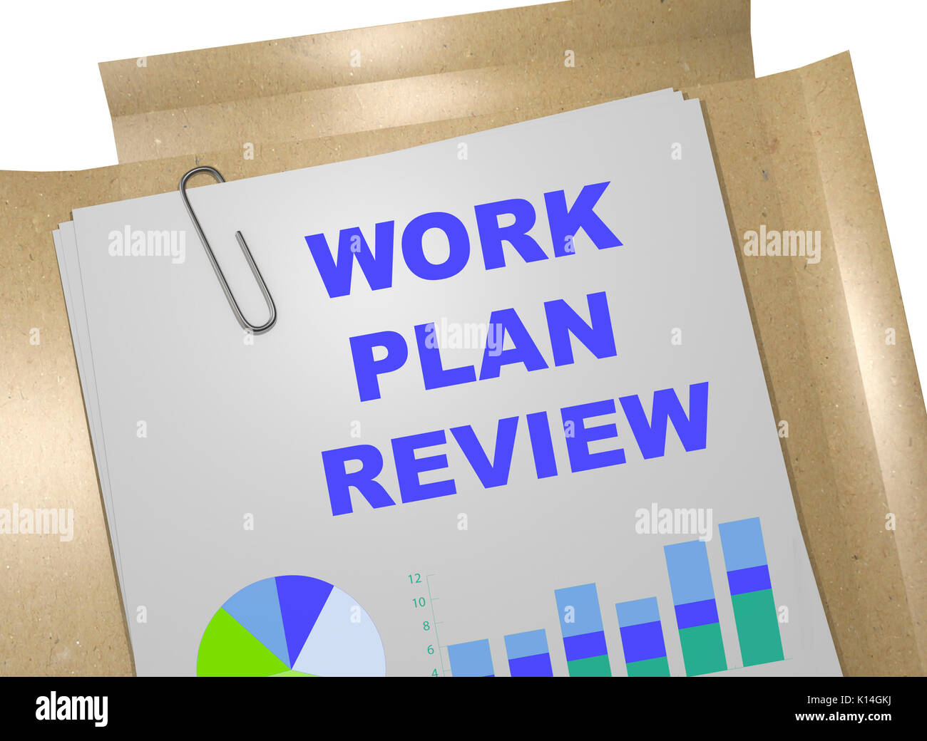 3D illustration of "WORK PLAN REVIEW" title on business document Stock ...