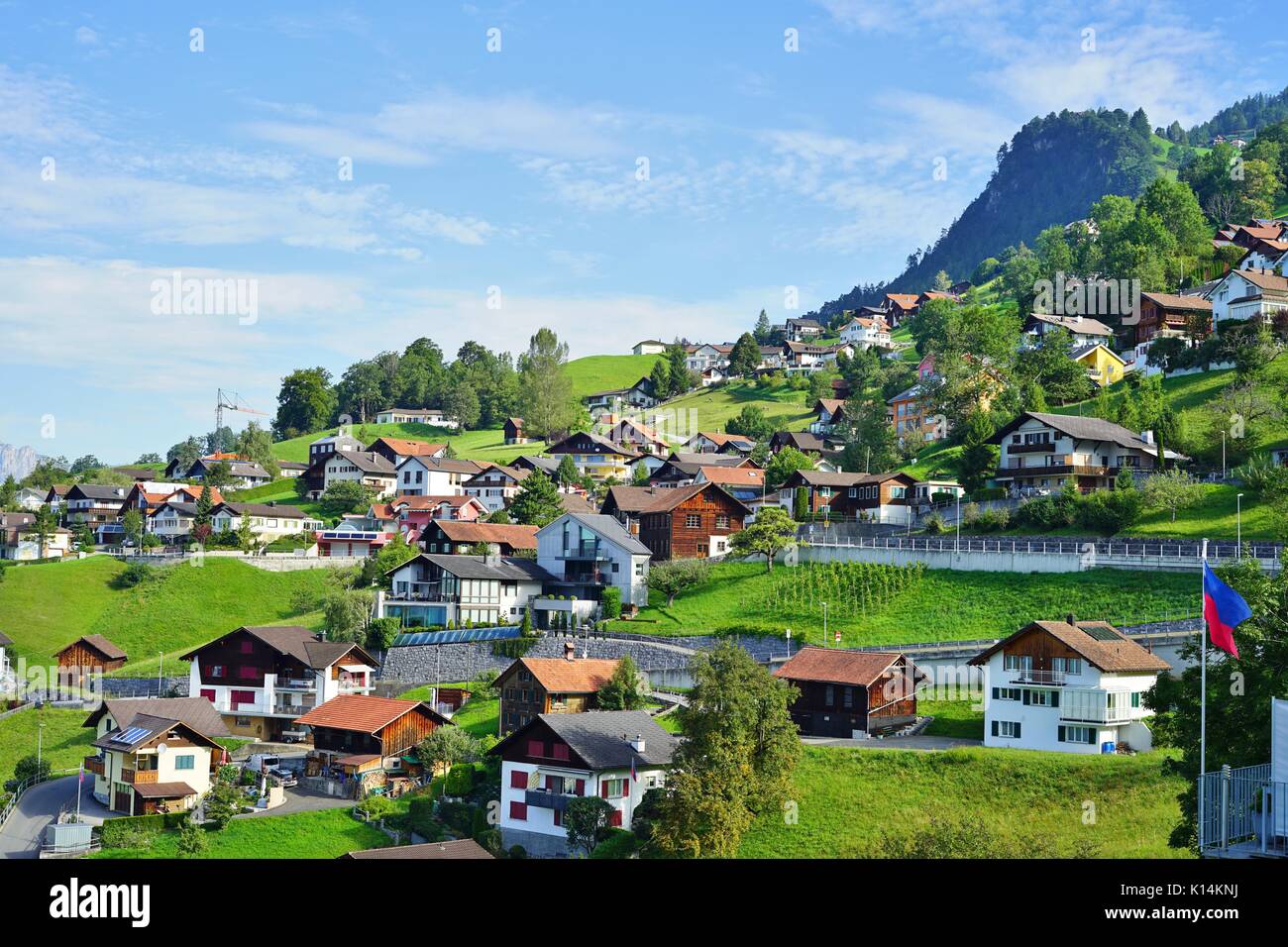 Landscape view of the town of Triesenberg overlooking the Rhine Valley ...