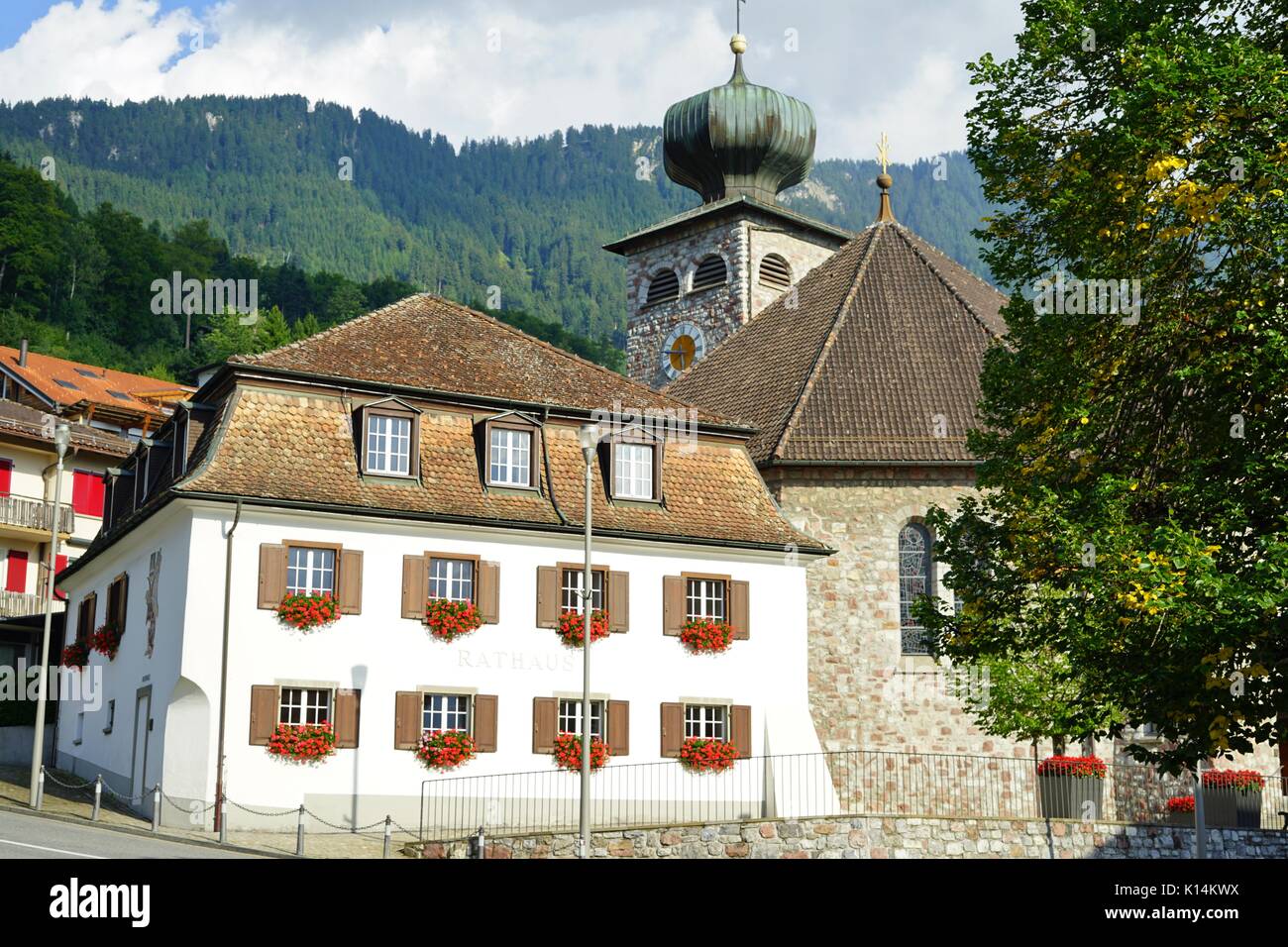 Landscape view of the town of Triesenberg overlooking the Rhine Valley ...
