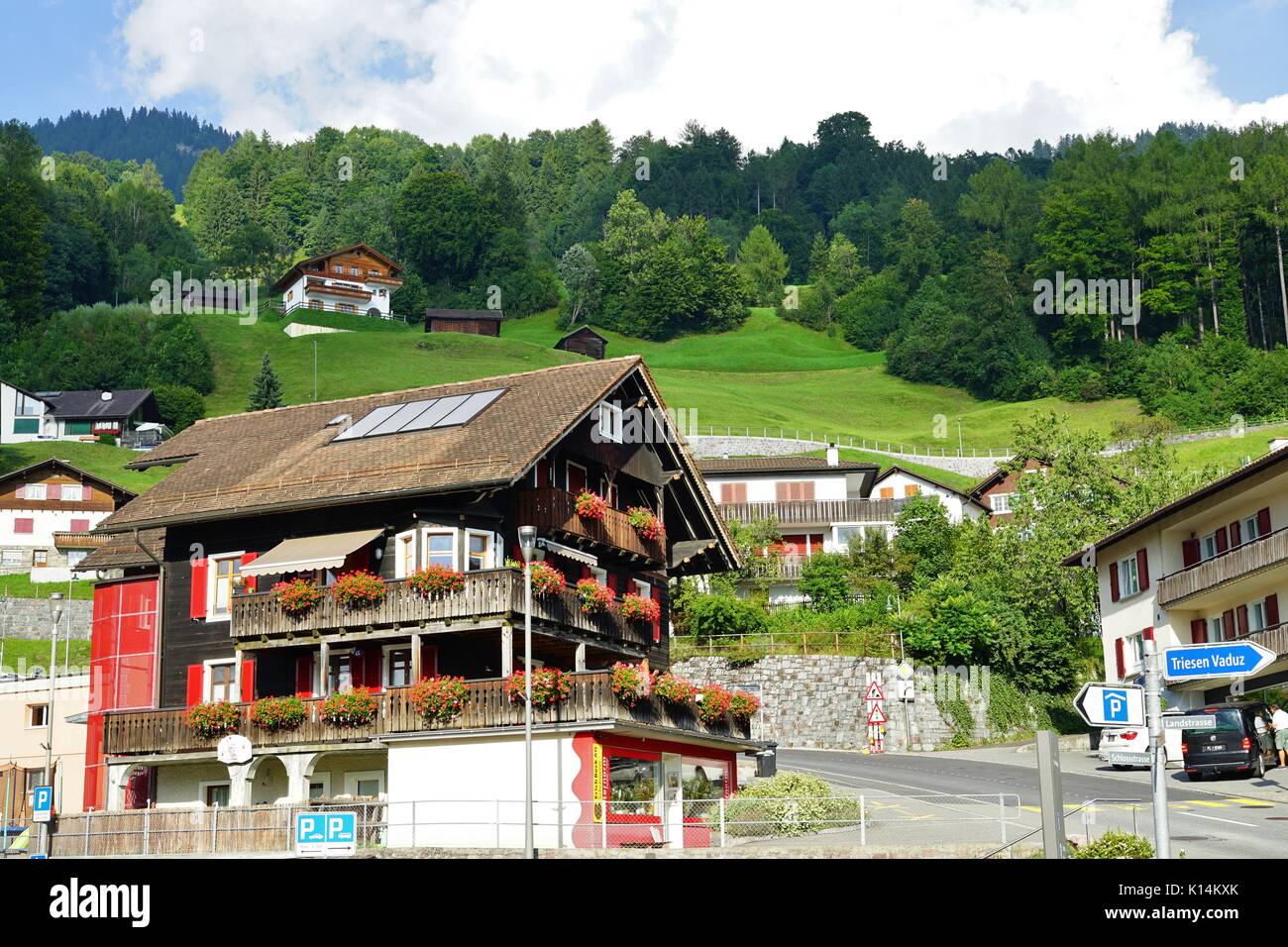 Landscape view of the town of Triesenberg overlooking the Rhine Valley ...