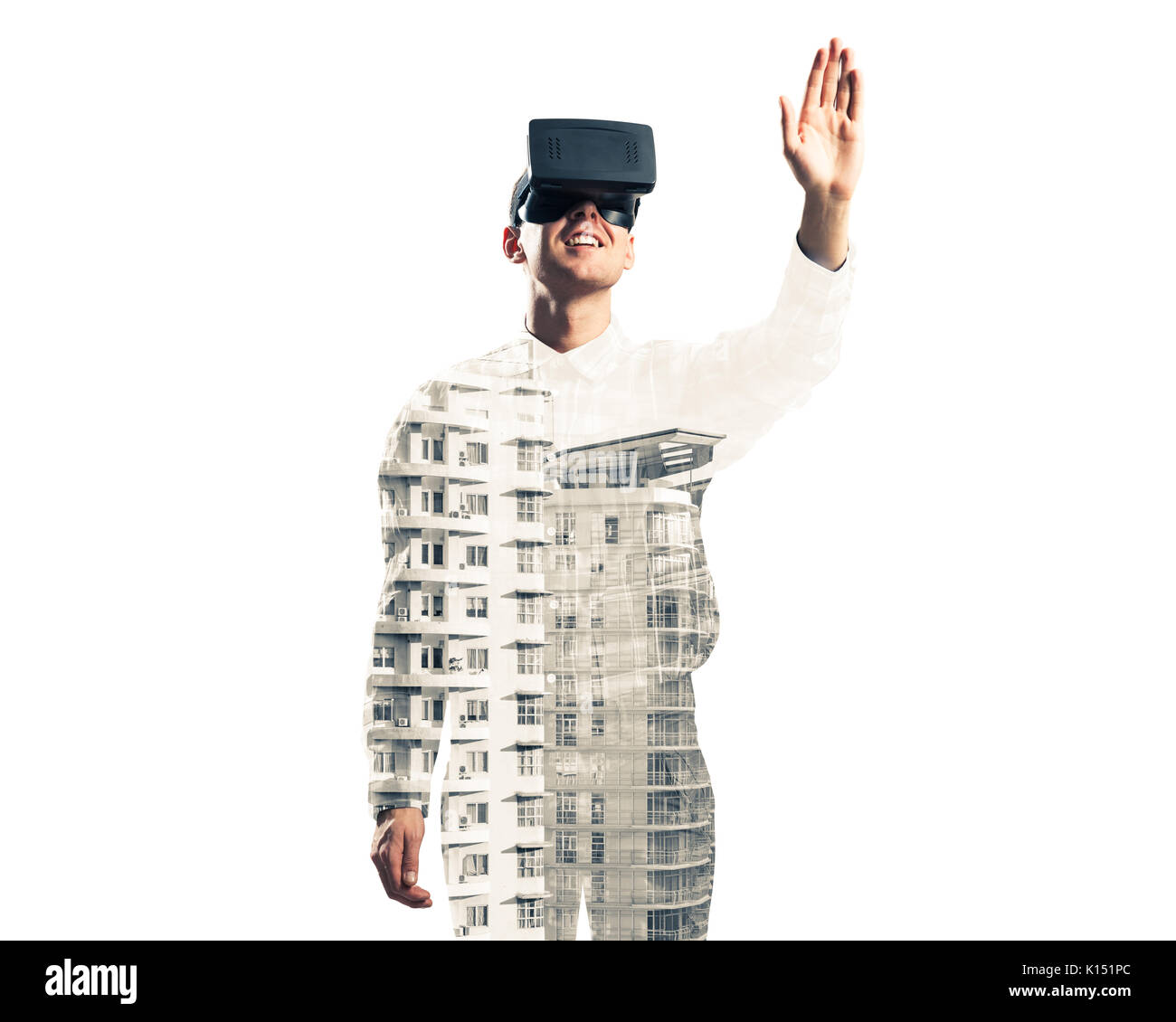 Guy wearing checked shirt and virtual mask stretching hand to to Stock ...