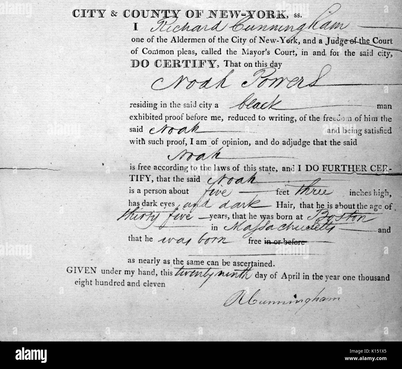 Papers signed by Richard Cunningham freeing slave Noah Powers, New York ...