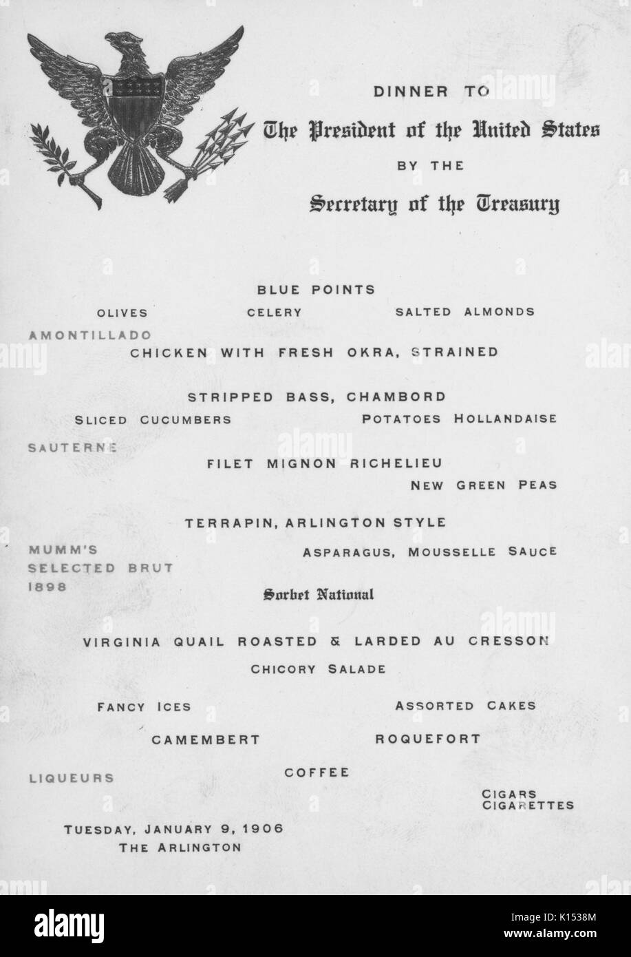 Menu from a dinner to honor United States President Theodore Roosevelt ...