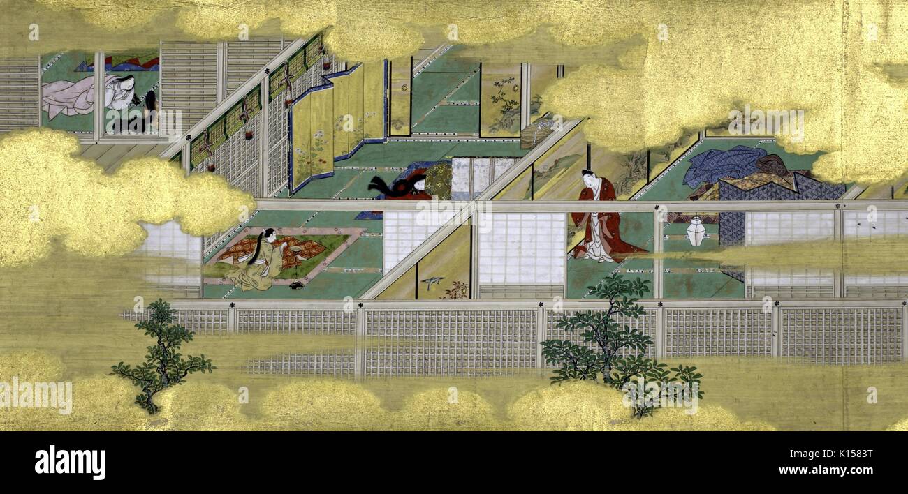 A painting from The Tale of Genji Scroll, in the painting style known ...