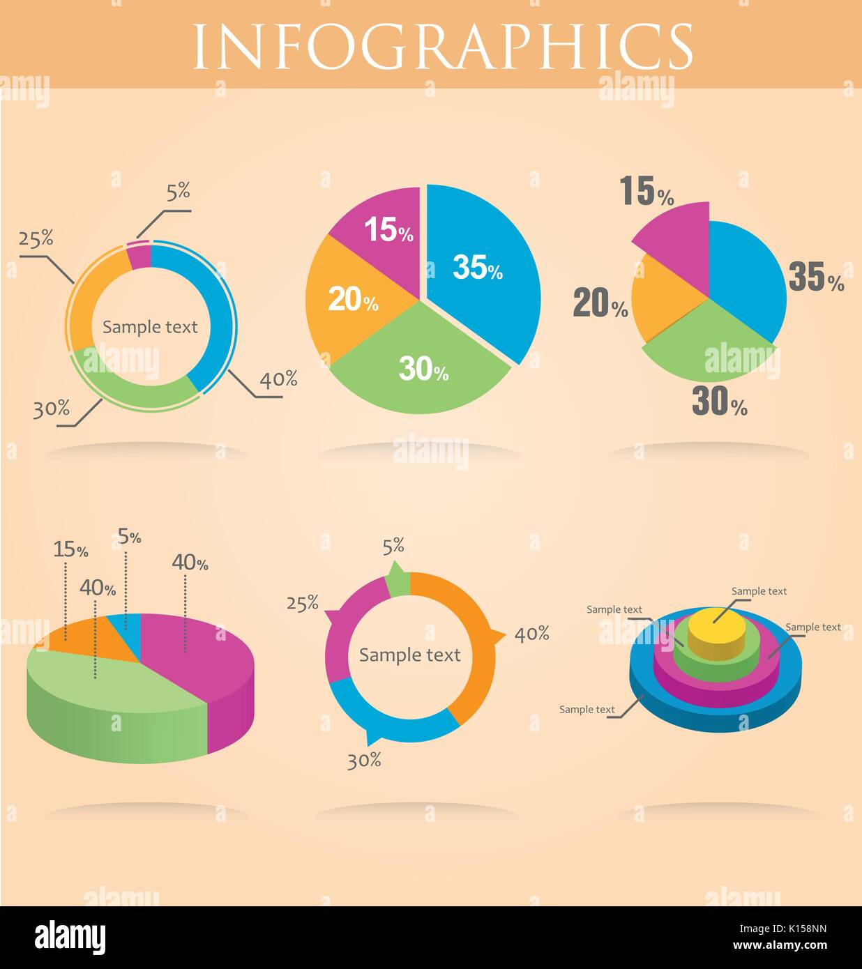 Pie round chart infographics set, colorful vector illustration Stock ...