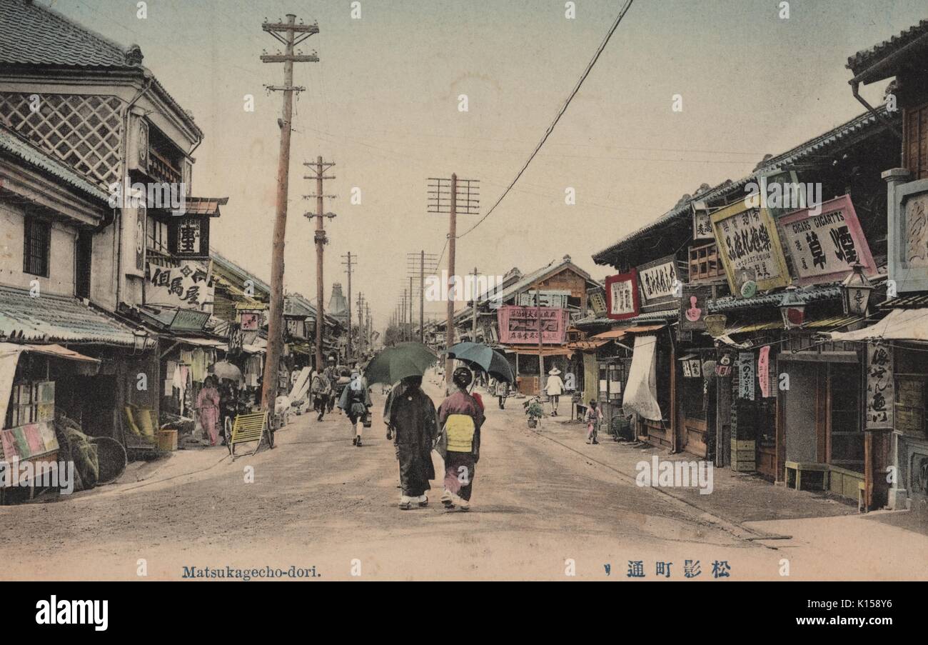 Colorized postcard showing a geisha walking along Matsukagecho-dori ...