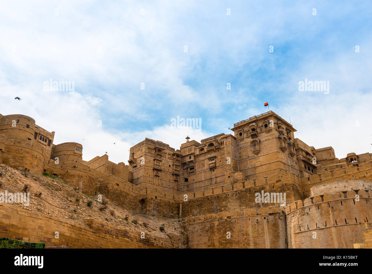 Upward picture of Jaisalmer Fort, carved yellow sandstone architecture in Jaisalmer, known as ...