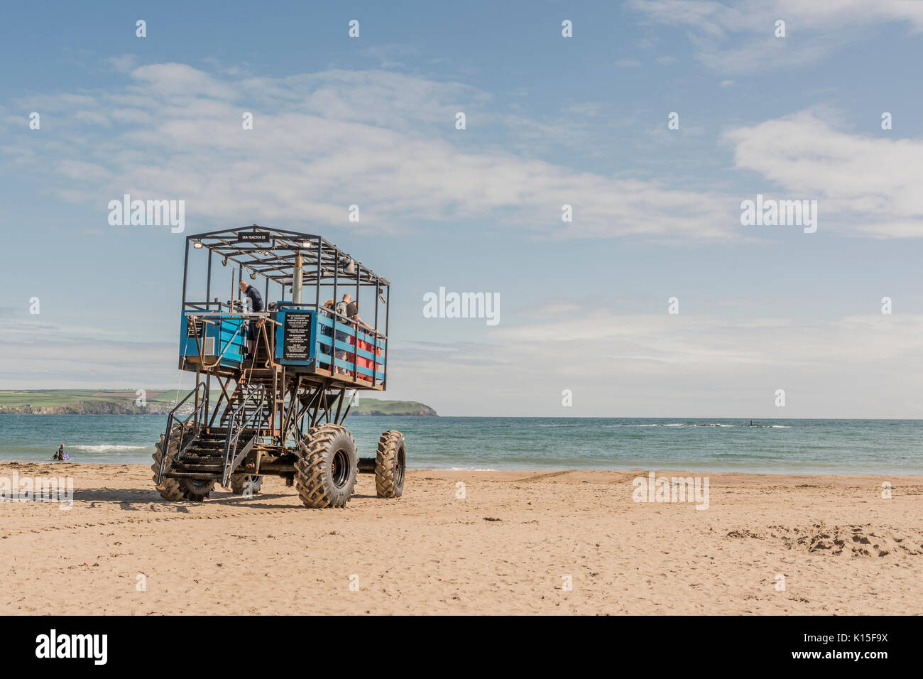 A sea tractor takes visitors to Burgh Island from Bigbury on Sea, Devon ...
