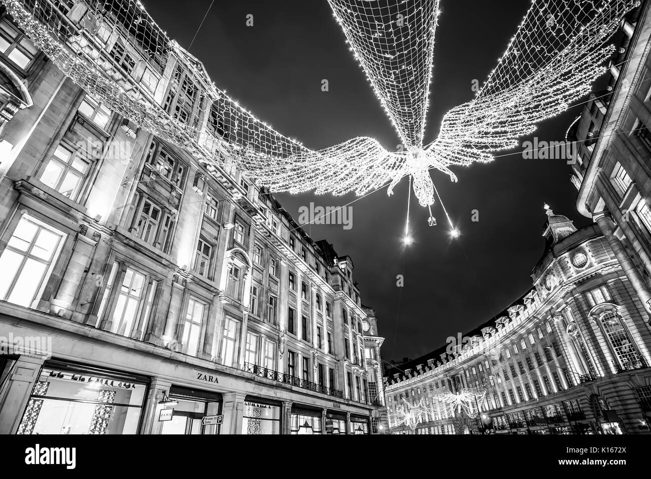 Huge angels made of lights hanging over Regent Street in London at ...