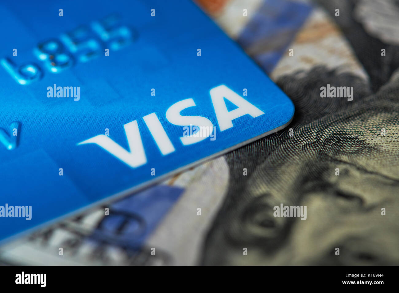 New york, USA - August 24, 2017: Macro of visa logo card on dollar bill ...