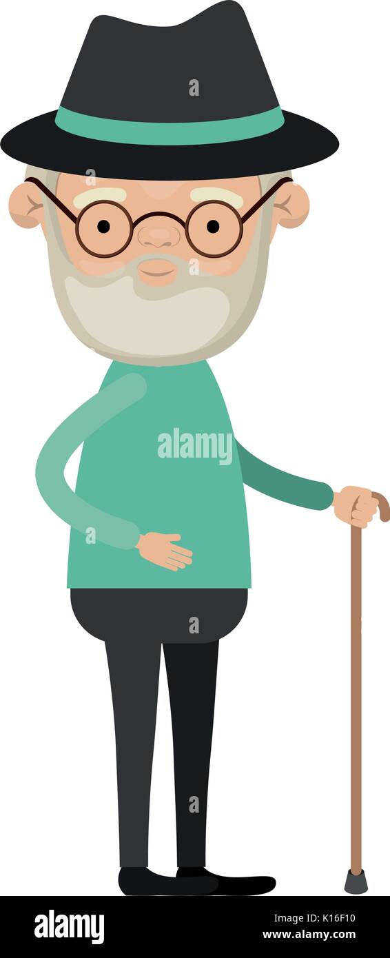 Colorful Full Body Grandfather In Walking Stick With Beard And Glasses