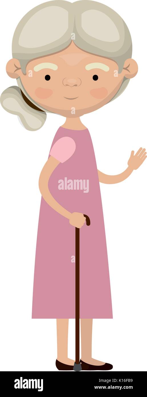 colorful full body elderly woman in walking stick with dress and side ...