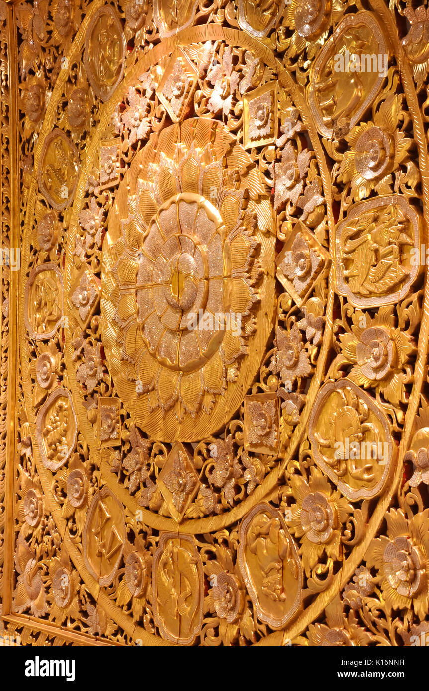 Wall wood carved golden lotus bloom. Used to decorate the hall Stock ...
