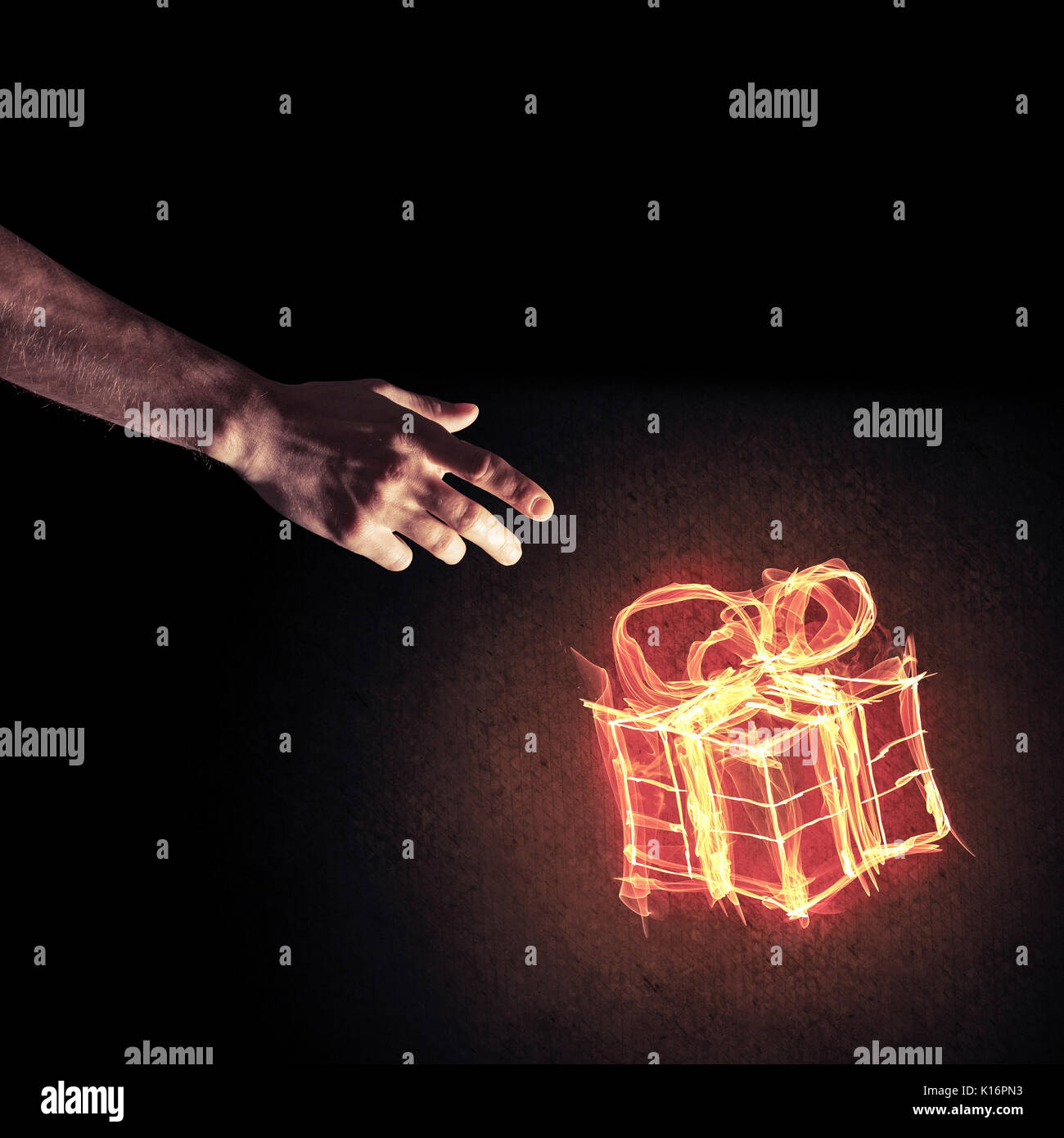 Concept of celebration with fire burning gift symbol and creatio Stock ...