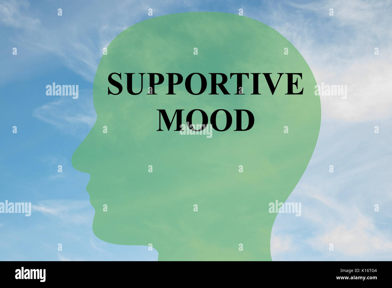 Render illustration of "SUPPORTIVE MOOD" script on head silhouette ...