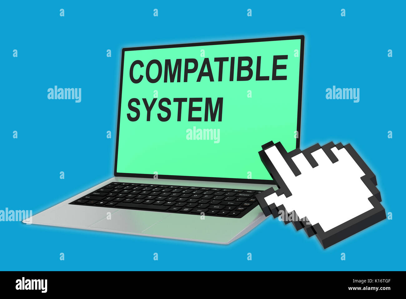 3D illustration of "COMPATIBLE SYSTEM" script with pointing hand icon ...