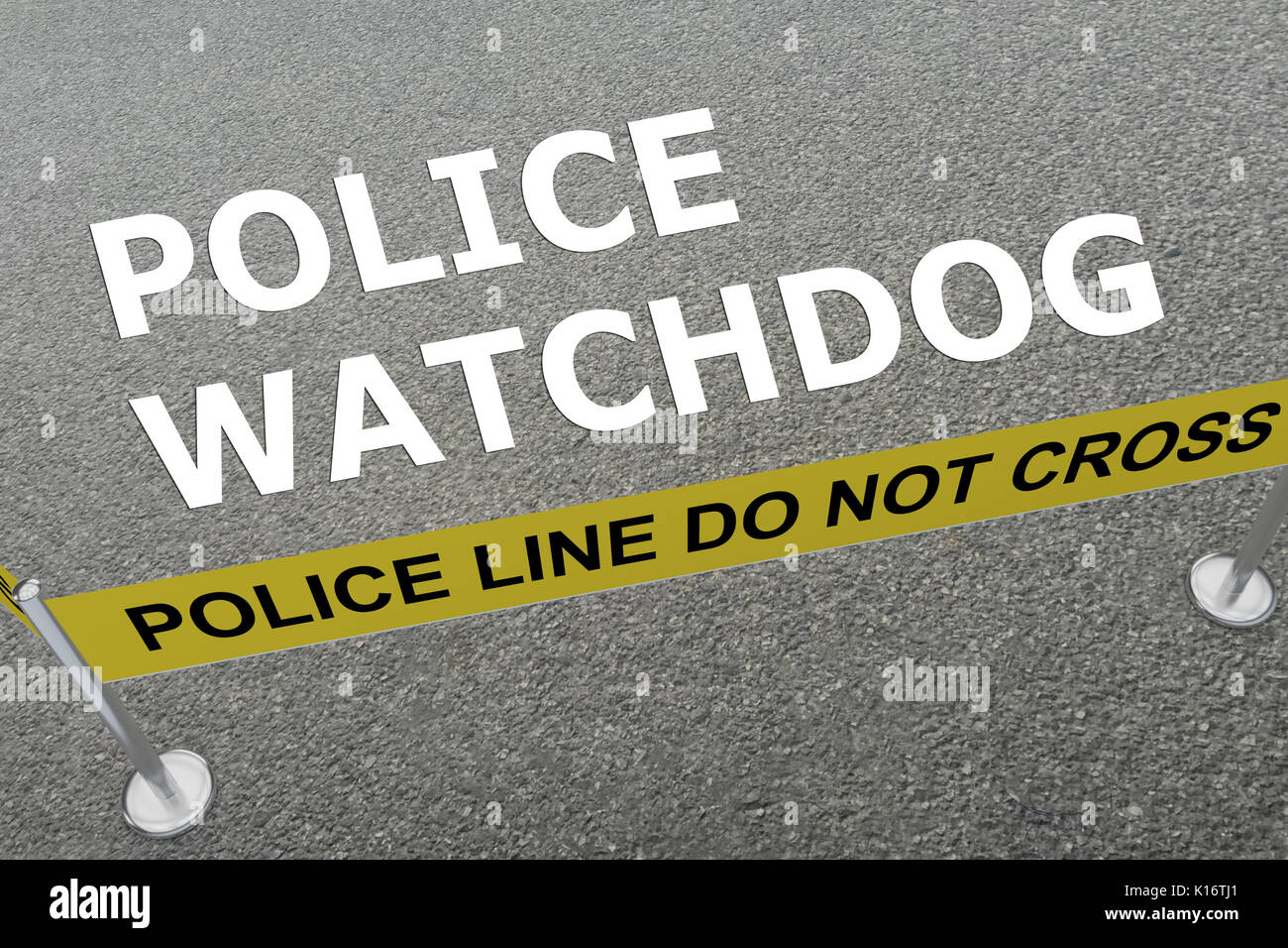 3D illustration of "POLICE WATCHDOG" title on the ground in a police ...