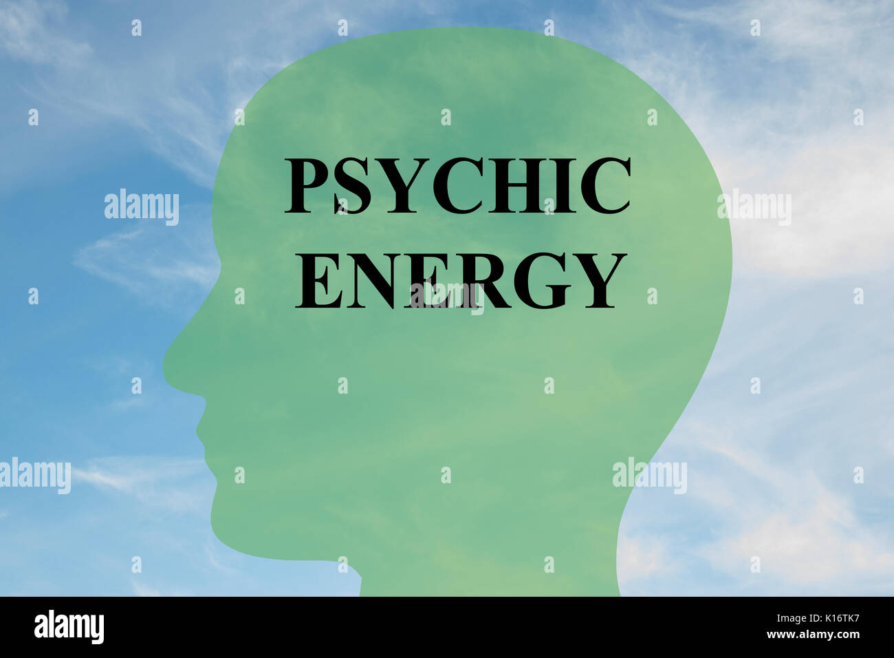 Render illustration of "PSYCHIC ENERGY" script on head silhouette, with ...