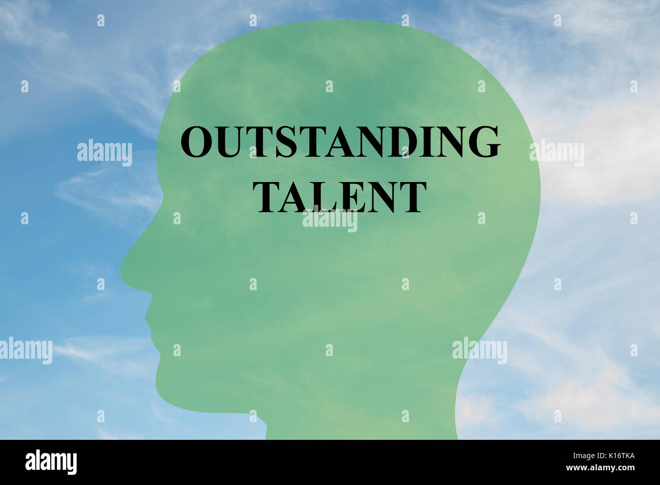 Render illustration of "OUTSTANDING TALENT" script on head silhouette, with cloudy sky as a ...