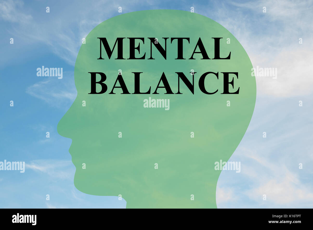 Render illustration of "MENTAL BALANCE" script on head silhouette, with ...