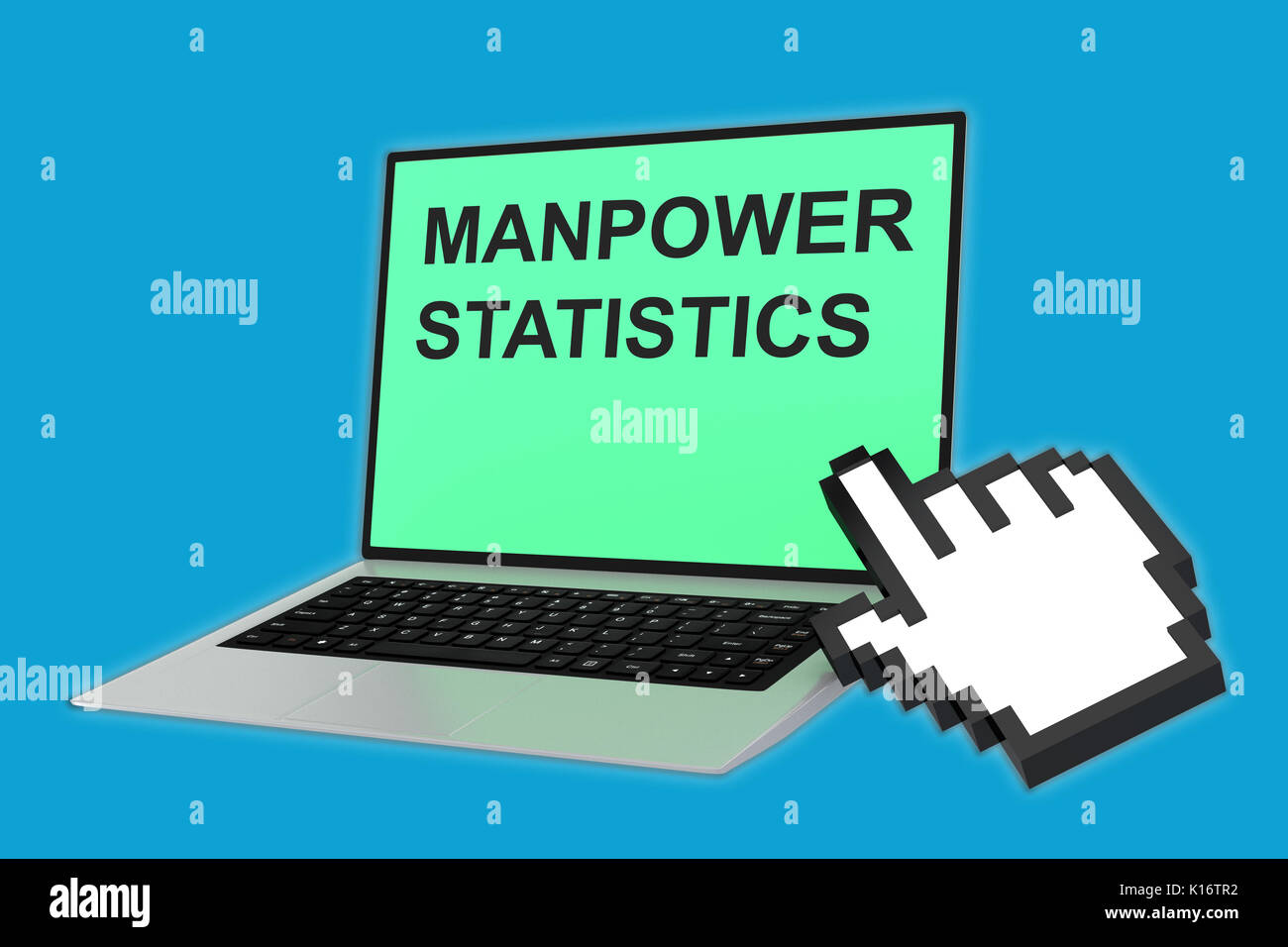 3D illustration of "MANPOWER STATISTICS" script with pointing hand icon ...