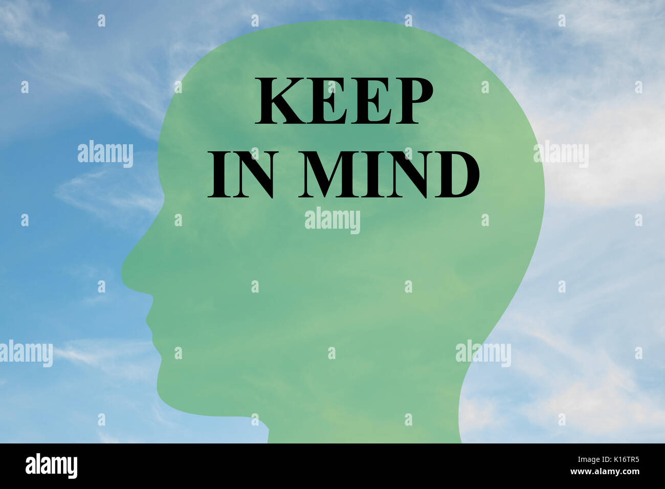 Render illustration of "KEEP IN MIND" script on head silhouette, with ...