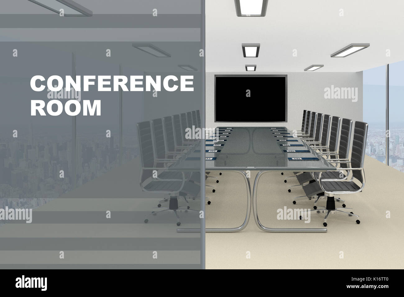 3D illustration of "CONFERENCE ROOM" title on a glass compartment Stock ...