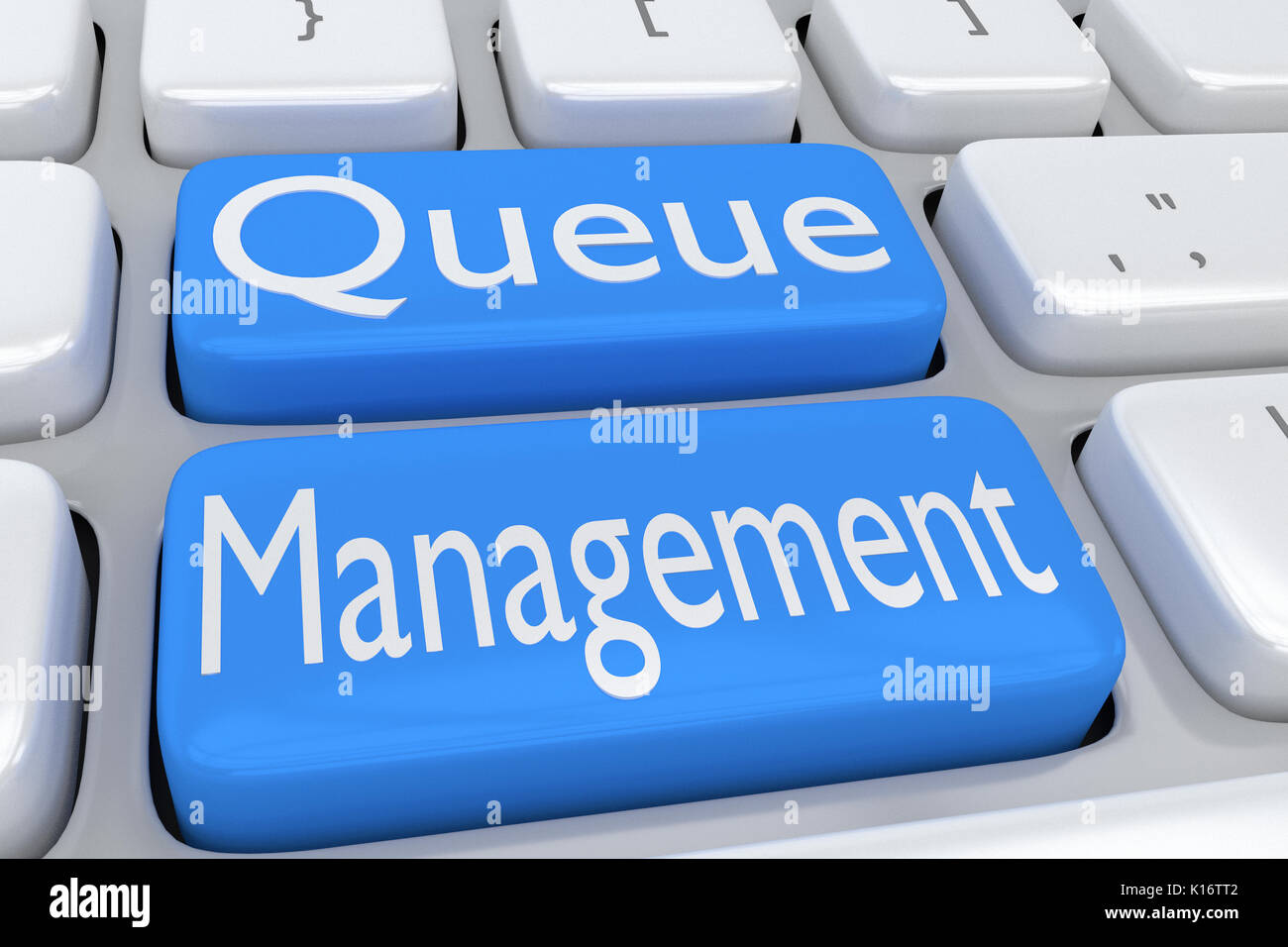 3D illustration of computer keyboard with the script "Queue Management" on two adjacent pale ...